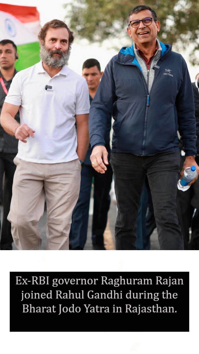 Former RBI Governor Raghuram Rajan joins Rahul Gandhi during Bharat Jodo Yatra in Rajasthan ...