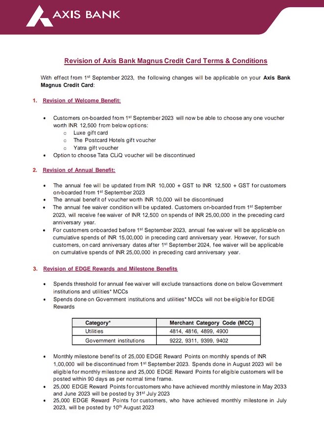 Axis Bank Magnus Credit Card: New rules from September 1; Annual fee ...