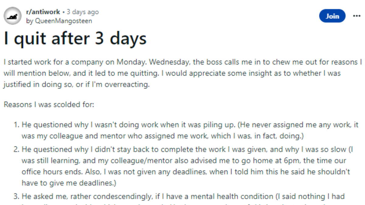 Woman quits job in 3 days, asks people on Reddit if she ‘overreacted ...