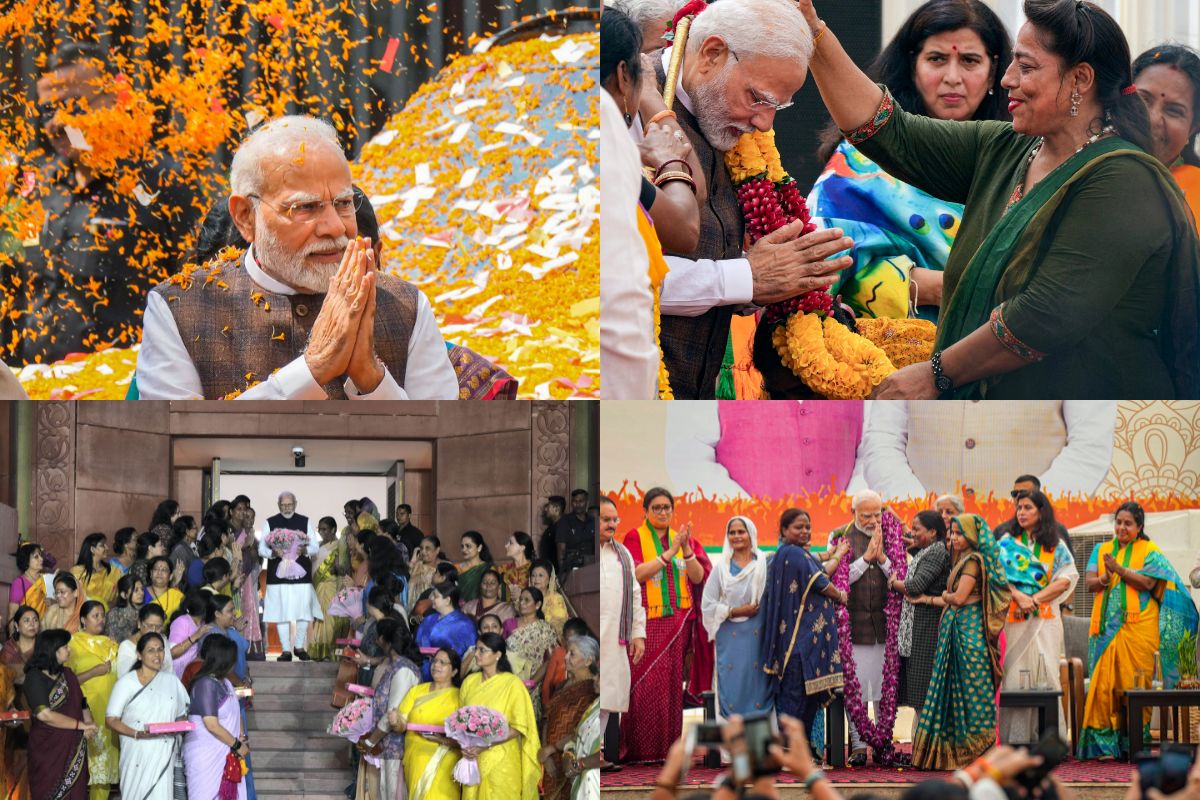 In Pics: PM Narendra Modi receives warm welcome from BJP women workers after passage of women's ...