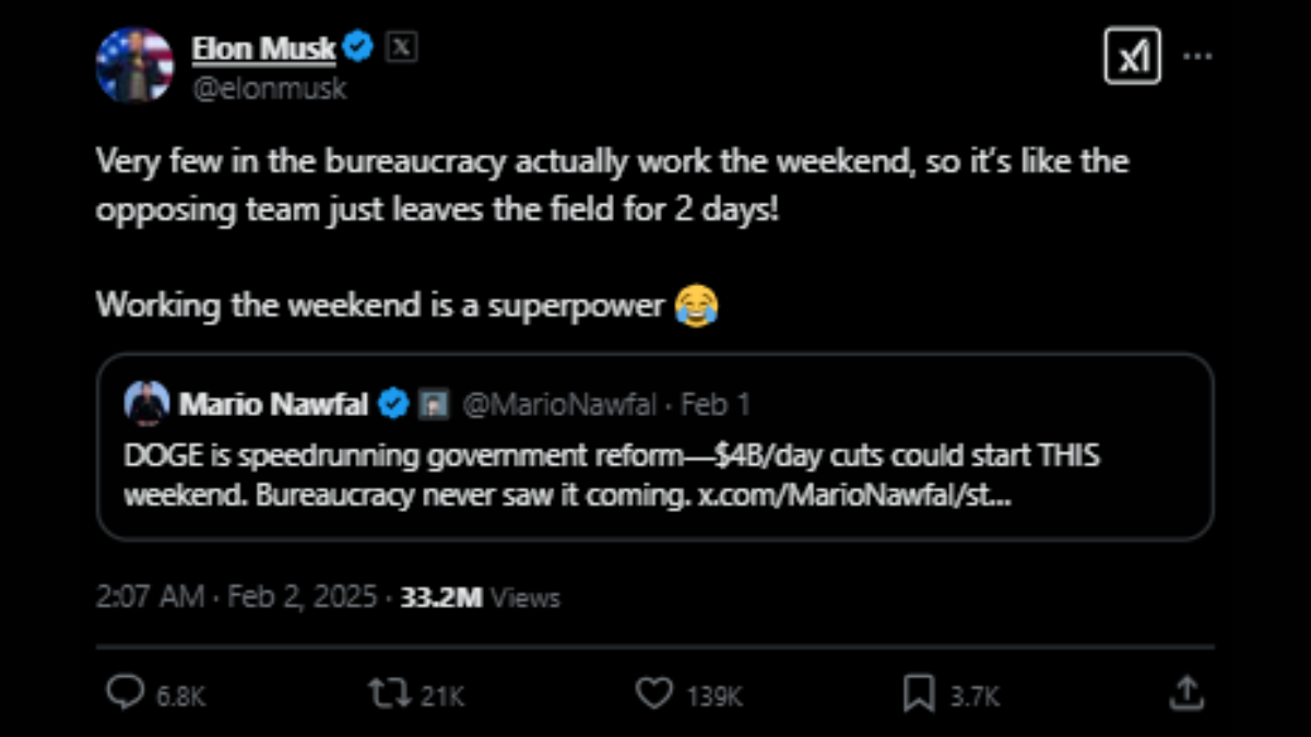 Elon Musk endorses DOGE's 120 hours a week after claiming 'working the weekend is superpower ...
