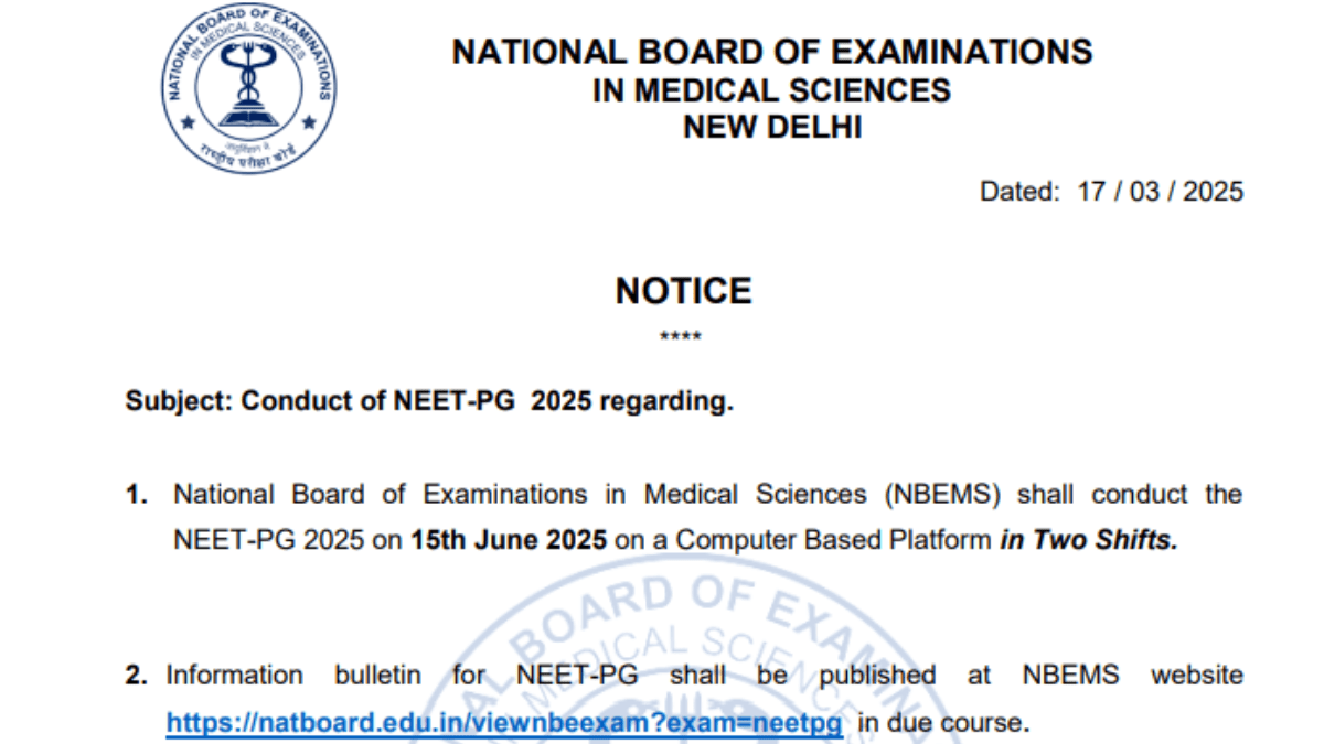 NEET PG 2025 Exam Date Out: NBE to conduct exam on June 15 in two shifts - Check details here ...