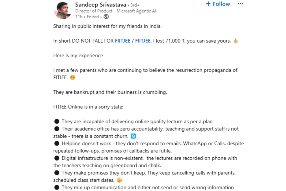 ‘Do not fall for FIITJEE,’ Man alleges fraud and data breach, moves ...